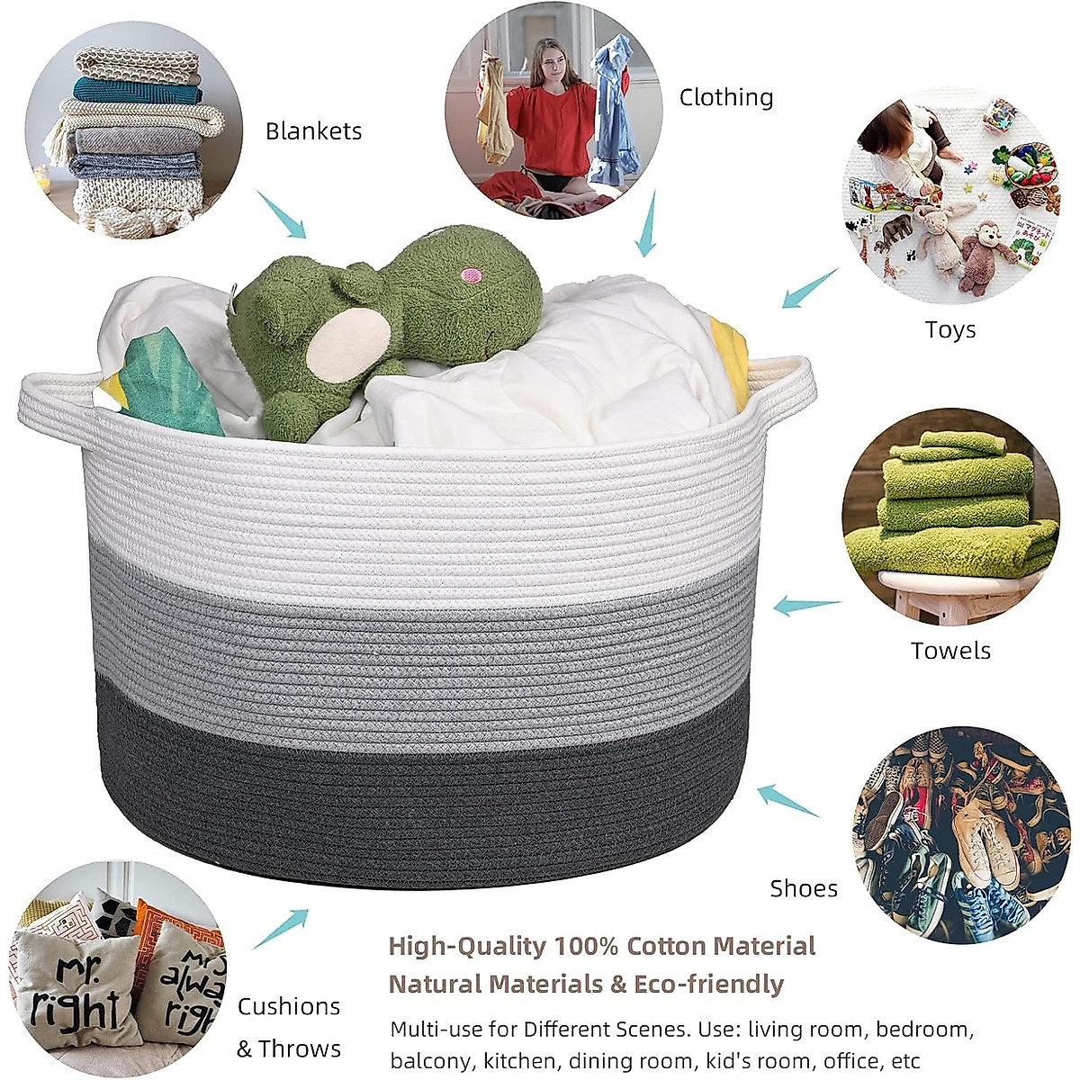 Handmade Large Cotton Rope Storage Basket, Laundry Hamper for Nursery, Woven Rope Laundry Hamper, 87L Laundry Basket for Blankets, Cotton Rope Basket with Handles, Clothes Organizer Grey & White