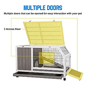 Petscosset Rabbit Hutch Indoor - Rabbit Cage Indoor Rabbit Hutch Two Story Bunny Cage Wooden Rabbit Cage on Wheels, Ramp, Two Deep No Leak Pull Out Tray (RAB Hutch 08 Grey)