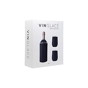 Vinglacé Wine Bottle Chiller Gift Set- Portable Stainless Steel Wine Cooler with 2 Stemless Wine Glasses, Navy