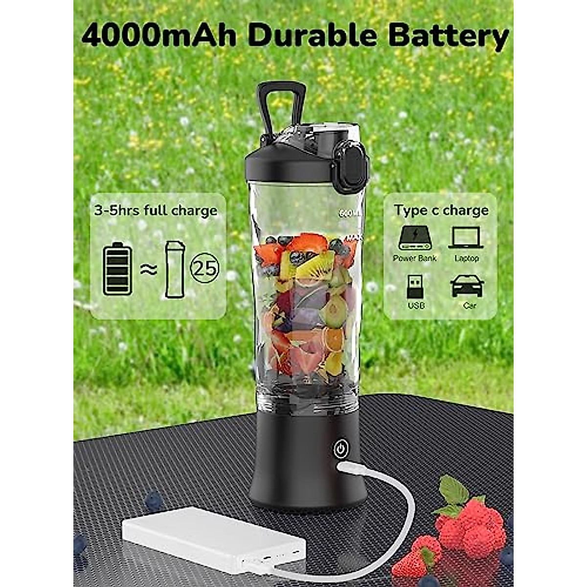 Portable Blender 20oz Large Capacity, 6 Blades Mini Blender for Shakes and Smoothies, BPA Free Personal Blender with Rechargeable USB, Fresh Juice Blender for On the Go, Black