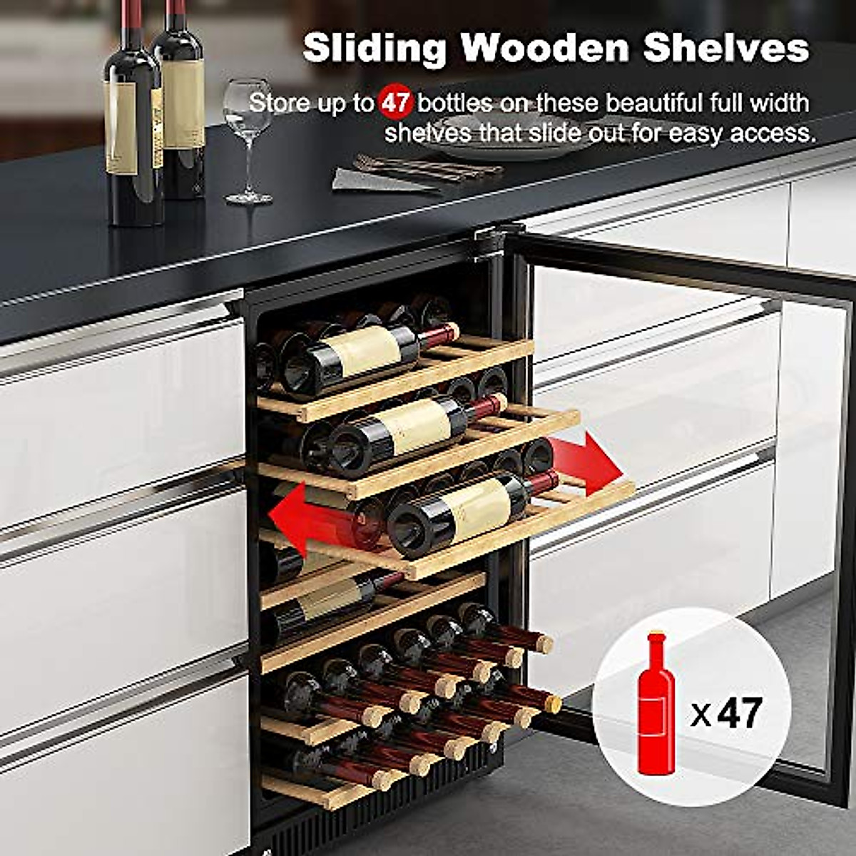 Galanz GLW57MS2B16 47 Bottle Built in Wine Refrigerator, Digital Temperature Control, White LED Interior Lighting, 5.7 Cu. Ft., Stainless Steel