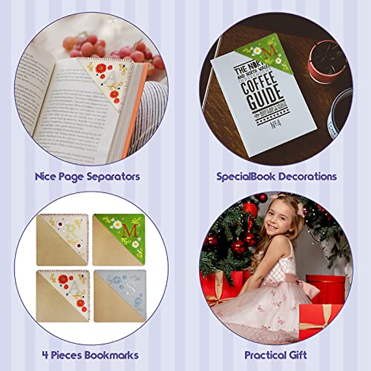 4 Packs Personalized Hand Embroidered Bookmark for Book Lovers, Unique Letters & Cute Flower Embroidery Corner Bookmark Book Marker Clip Meaningful Gift for Reader Friend Student