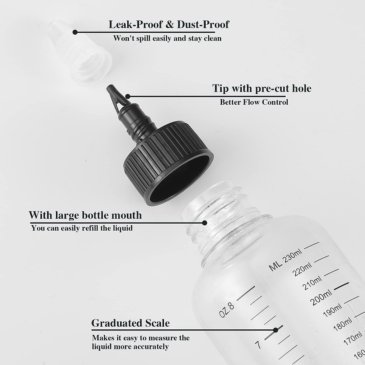 BESARME 2 Pack Applicator Bottle for Hair, 8.5 Ounce Hair Oil Applicator Plastic Squeeze Bottle Root Hair Dye Bottle Twist-On Top Tip Cap with Clear Graduated Scale