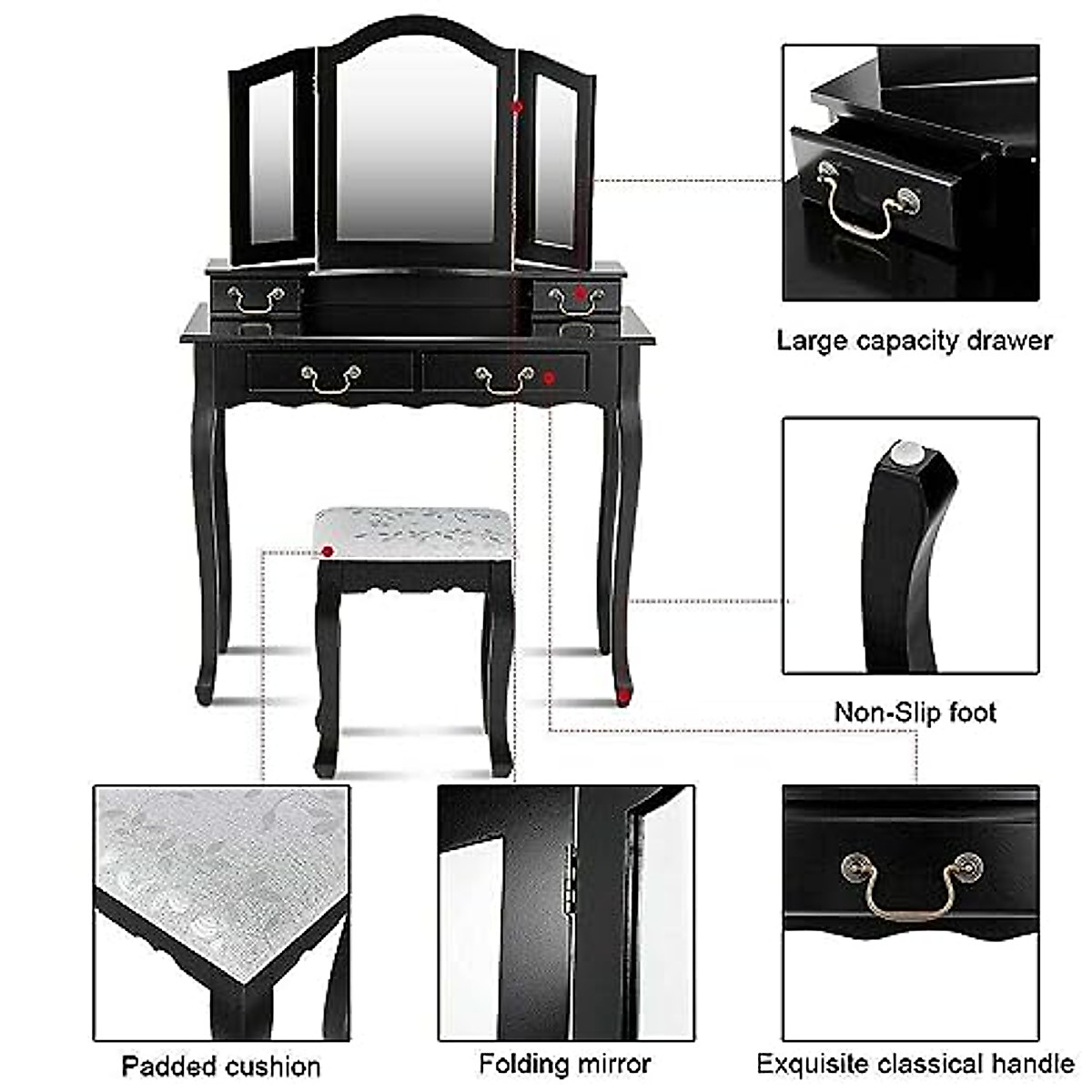 KJNS Vanity Set Makeup Dressing Table Tri Folding Mirror Stool 4 Drawers Black Vanity Desk Makeup Vanity Side Tables Bedroom Vanity Table Portable Desk Vanity Set