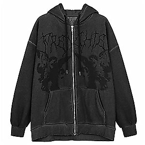 Women's Oversized Y2K Sweatshirt Long Sleeve Zipper Punk Goth Printed Hoodie Aesthetic Drawstring Jacket (Black, M)