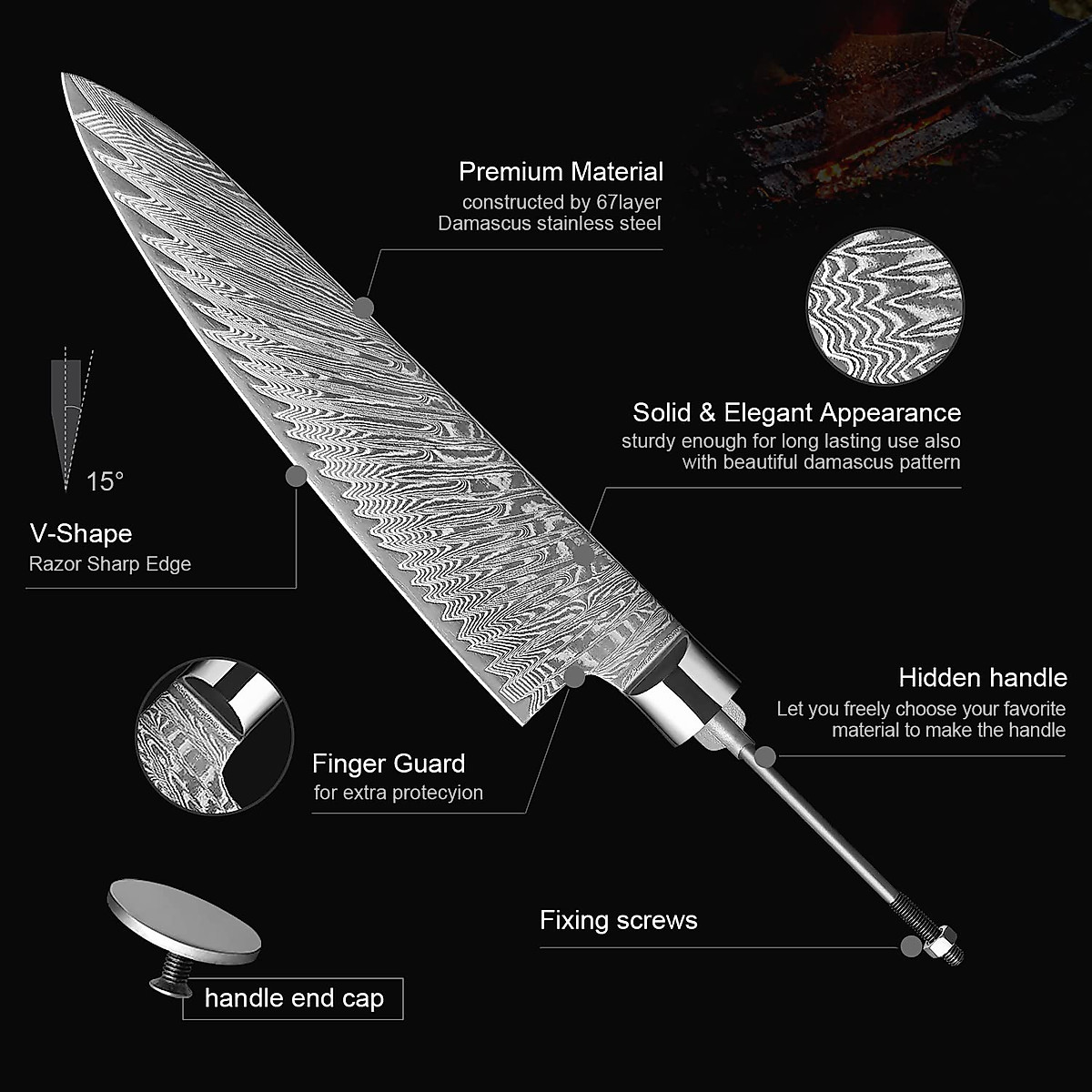 XITUO Chef Knife 8-Inch, 67 Layers Damascus Steel VG10 High Hardness Kitchen Knives Blank Blade Handmade DIY Blades Sharp Knife Billet 9pc Sets Utility (8'' Chef Knife)