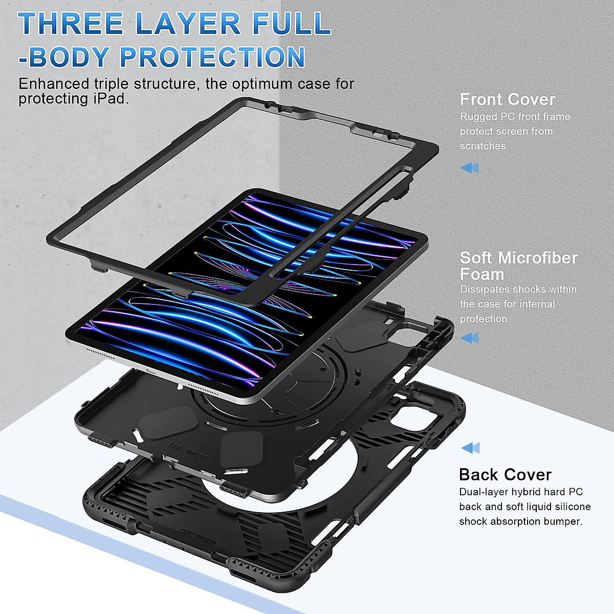 SUPFIVES 2022 iPad Pro 11 inch Case (4th Generation),Upgraded Military Grade Shockproof Silicone iPad Pro 11 4th/3rd/2nd Gen Cover Pencil Holder+ Handle+ Shoulder Strap+ Rotating Kickstand, Black