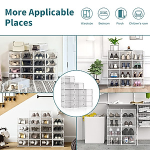 WAYTRIM Clear Shoe Storage Box, Stackable Shoe Organizer Plastic Shoe Container with Lids Foldable Sneaker Storage Boxes Saving Space Shoe Organizer for Closet Fit to Women Size 10, White