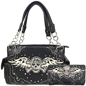 Zelris Skull Crossbones Angel Wings Heart Women Conceal Carry Handbag Wallet Set (Black)