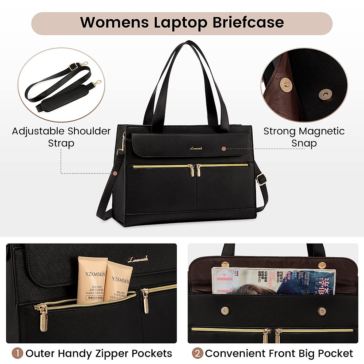 LOVEVOOK Laptop Bag for Women 15.6 Inch Laptop Tote Work Bag Professional Leather Computer Briefcase Waterproof Handbag Shoulder Bag Large Capacity Business Teacher Office Bag Crossbody Purse,Black