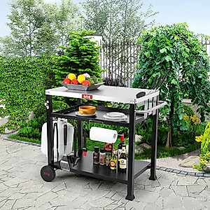 Feasto Three-Shelf Movable Food Prep and Work Cart Table, Home and Outdoor Multifunctional Stainless Steel Table Top Worktable on Two Wheels, L39.5''x W25.6''x H33'', Cover Included