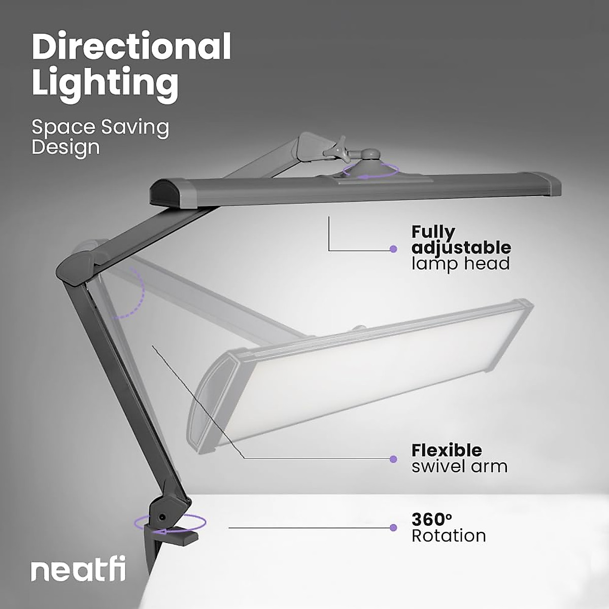 Neatfi Ultra 3,500 Lumen LED Desk Lamp, 45W, 26 Inch Wide Metal Shade, 270 SMD LEDs (Non-CCT with Clamp, Silver)
