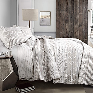 Lush Decor Hygge Geo Pattern Striped 3 Piece Quilt Bedding Set, Full/Queen, Taupe & White