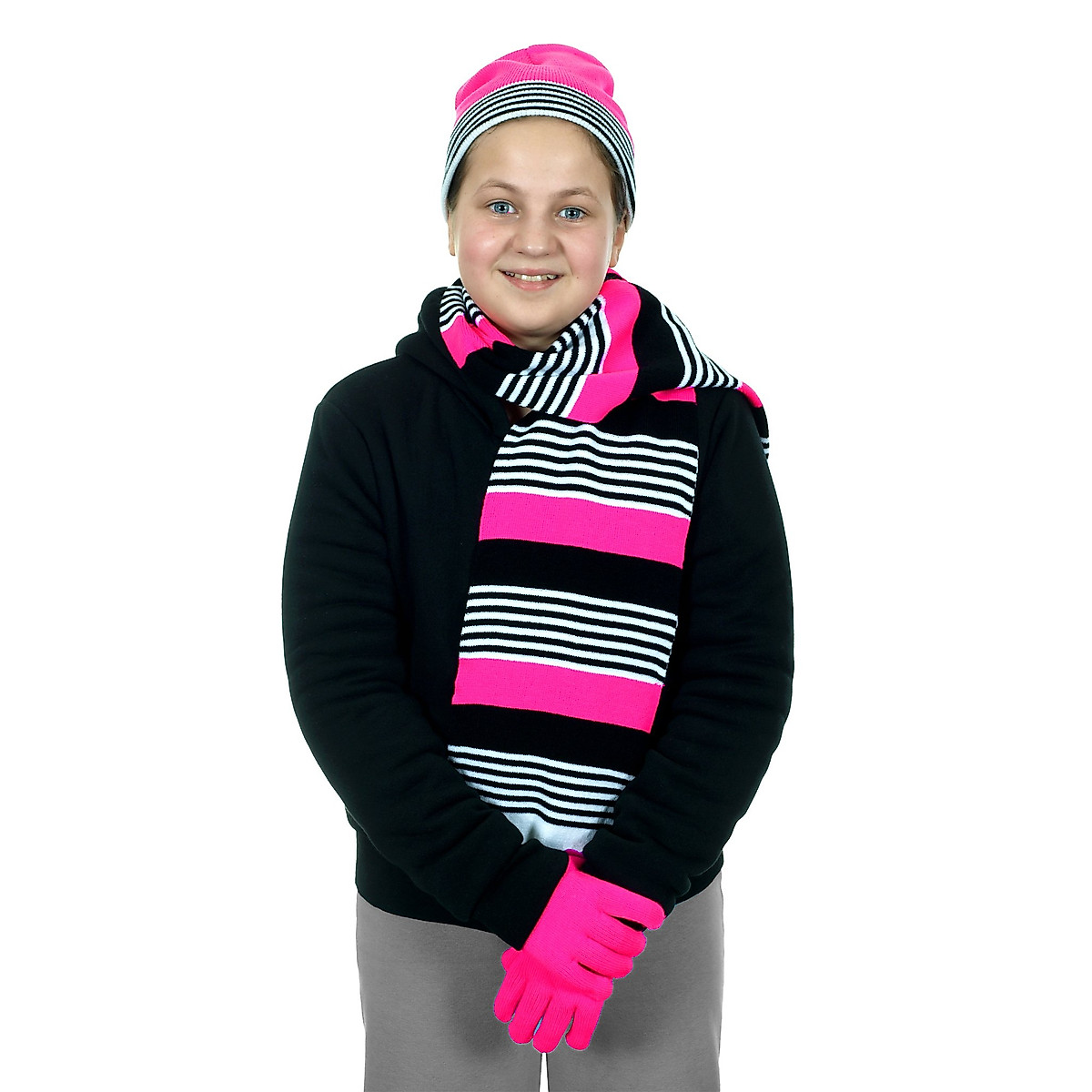Girl's 3 Piece Knit Hat, Scarf & Gloves Set (Pink-Black), OSFM