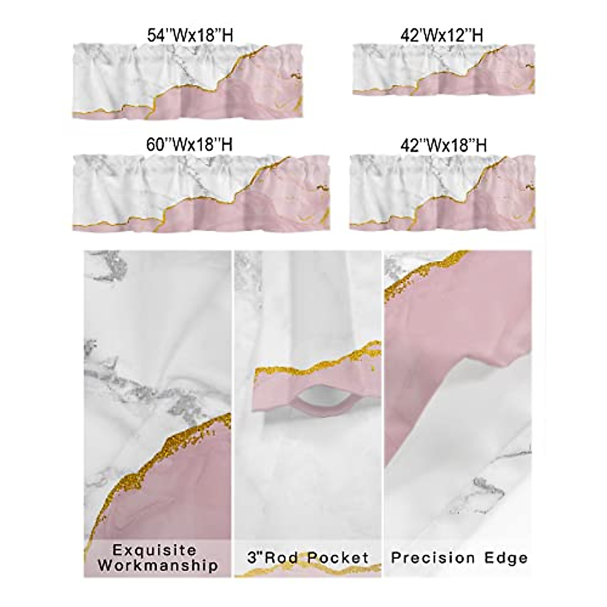 ZFUNCING Kitchen Cafe Valance Curtain for Small Windows,Natural White and Pink Wild Marble Rod Pocket Short Blackout Curtains,Gold Line Stone Texture Window Treatment for Living Room Bedroom Bathroom