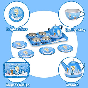 Lajeje 52Pcs Tea Party Set for Little Girls-Frozen Toys for Girls, Elsa Princess Tea Party Set for Little Girls, Kitchen Pretend Toy with Tin Tea Set, Desserts, Birthday Gift for Age 3-6 Year Olds