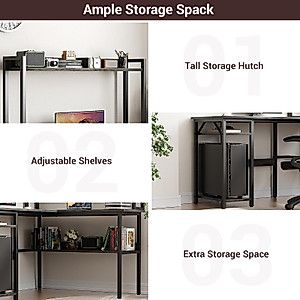 Unikito L Shaped Gaming Desk with LED Strip and Power Outlets, Reversible L-Shaped Computer Desk with Storage Shelves, Corner Desk with Hutch, 2 Person Home Office Desk, Black Oak