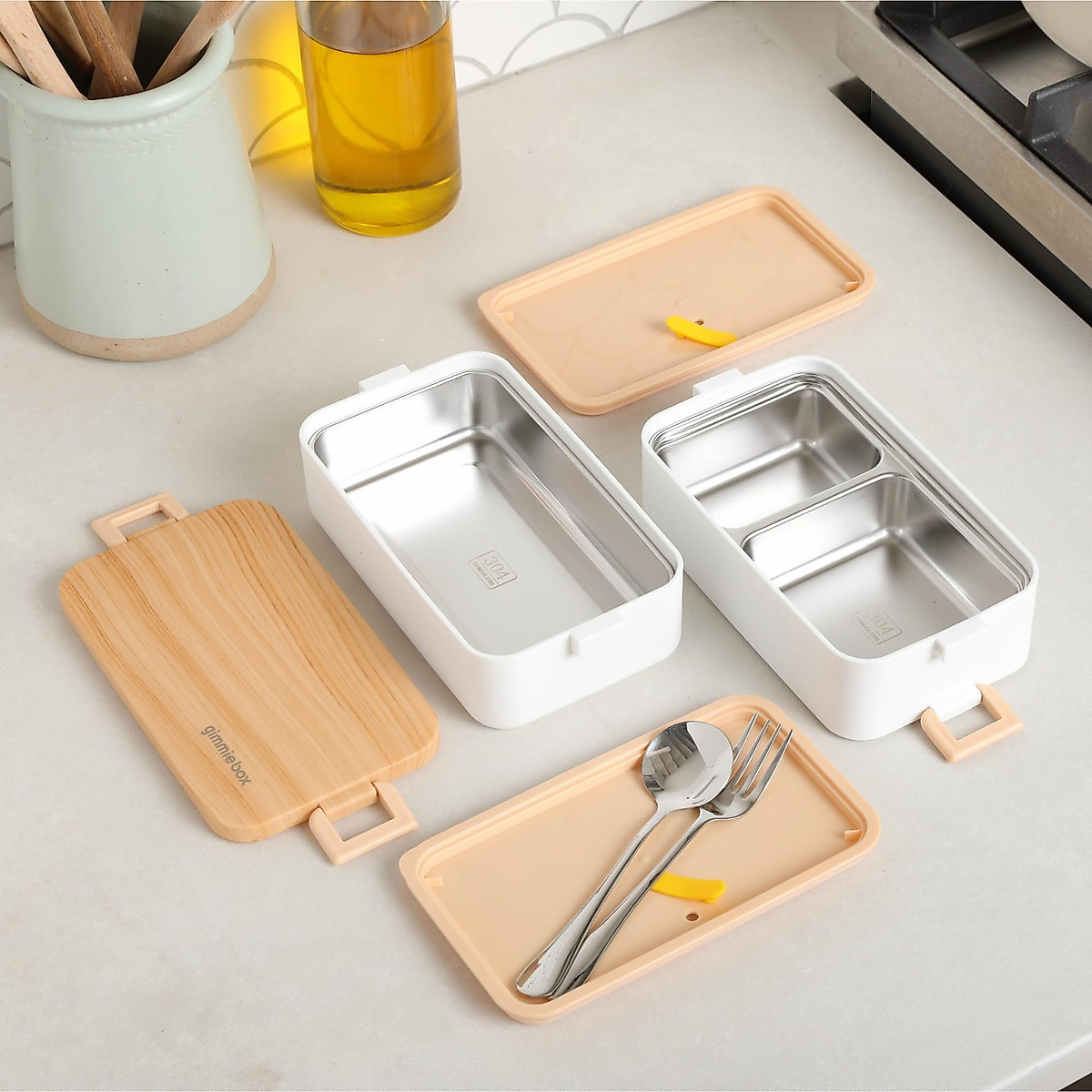gimmiebox premium stainless steel bento box lunch box with compartments for adults, spoon and fork, leak-proof, easy side locks (White)