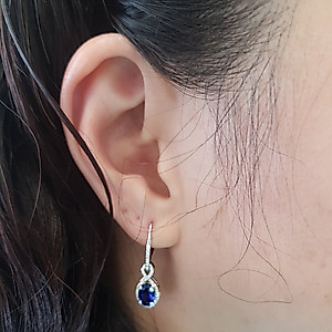 Dazzlingrock Collection - 10K 7X5 MM Each Oval Lab Created Blue Sapphire & Round Diamond Dangling Drop Earrings, White Gold