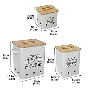Gdfjiy Kitchen Canisters Set, Storage Bin for Potato Onion & Garlic, 3 Pack Set Countertop Pots Containers with Wooden Lid - Potato Storage, Garlic Bin, Onion Keeper Tin with Aerating Holes-White