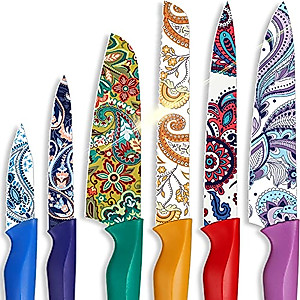 Astercook Knife Set, Paisley Pattern Kitchen Knife Set with Cover, Dishwasher Safe Colorful Knives with 6 Knife Sheath, German Stainless Steel Rainbow Knife Set