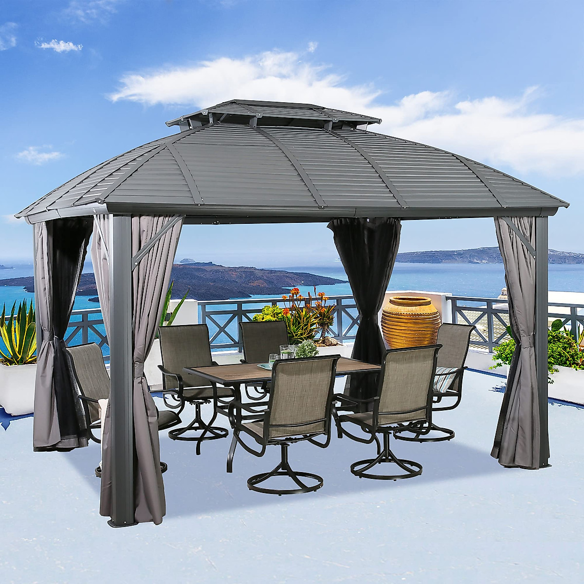 Patio Tree 10' x 12' Aluminum Outdoor Gazebo, Patio Permanent Hardtop Gazebo with Netting and Privacy Curtains