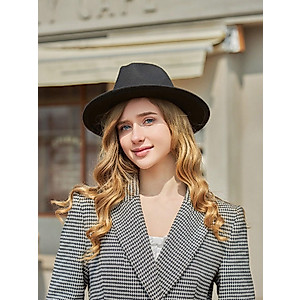 Women's Felt Panama Hats Classic Wide Brim Rancher Fedora with Belt Buckle (Black, 56-58cm/22-22.8in)