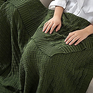 RUDONG M Forest Green Cotton Cable Knit Throw Blanket, Cozy Warm Knitted Couch Cover Blankets, 50 x 60 Inch