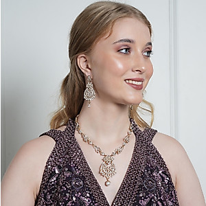 Touchstone Indian Hollywood white rhinestone bridal Designer jewelry necklace set in antique gold tone for women