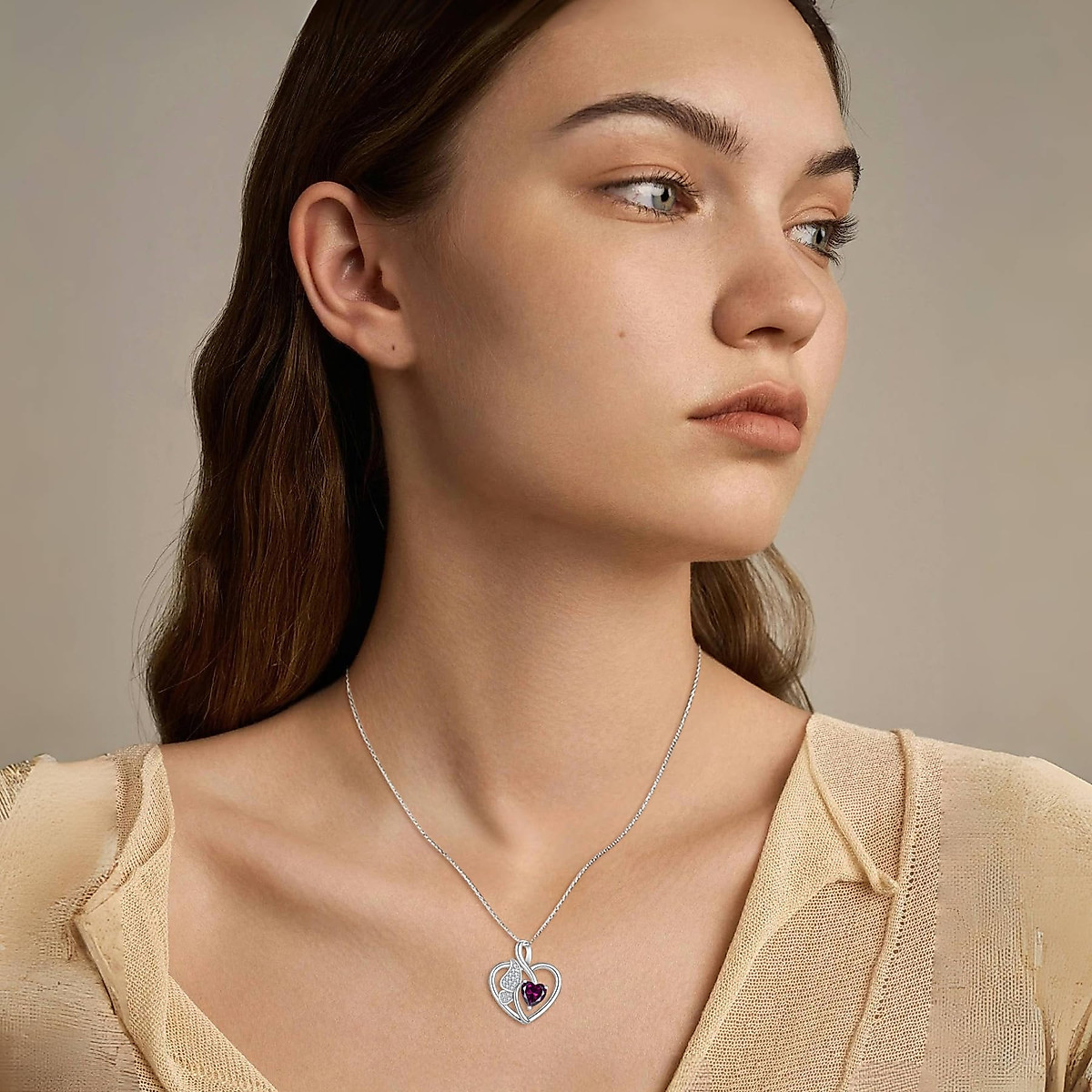 Lwsary Butterfly Necklace 925 Sterling Silver Love Heart Necklace Amethyst Pendant February Birthstone Jewelry for Women