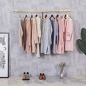 MDEPYCO Industrial Pipe Wall Mounted Towel Clothing Hanging Shelves System,Vintage Laundry Room Storage Rod,Metal Garment Rack for Clothes Retail Display Stand (71" L x 11.8" D, Gold)