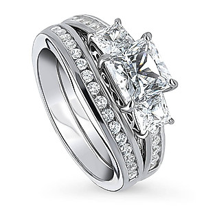 BERRICLE Sterling Silver 3-Stone Wedding Engagement Rings Princess Cut Cubic Zirconia CZ Ring Set for Women, Rhodium Plated Size 8