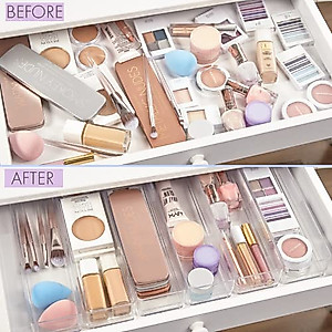 STORi SimpleSort 6-Piece Stackable Clear Drawer Organizer Set | 12" x 3" x 2" Rectangle Trays | Narrow Makeup Vanity Storage Bins and Office Desk Drawer Dividers | Made in USA