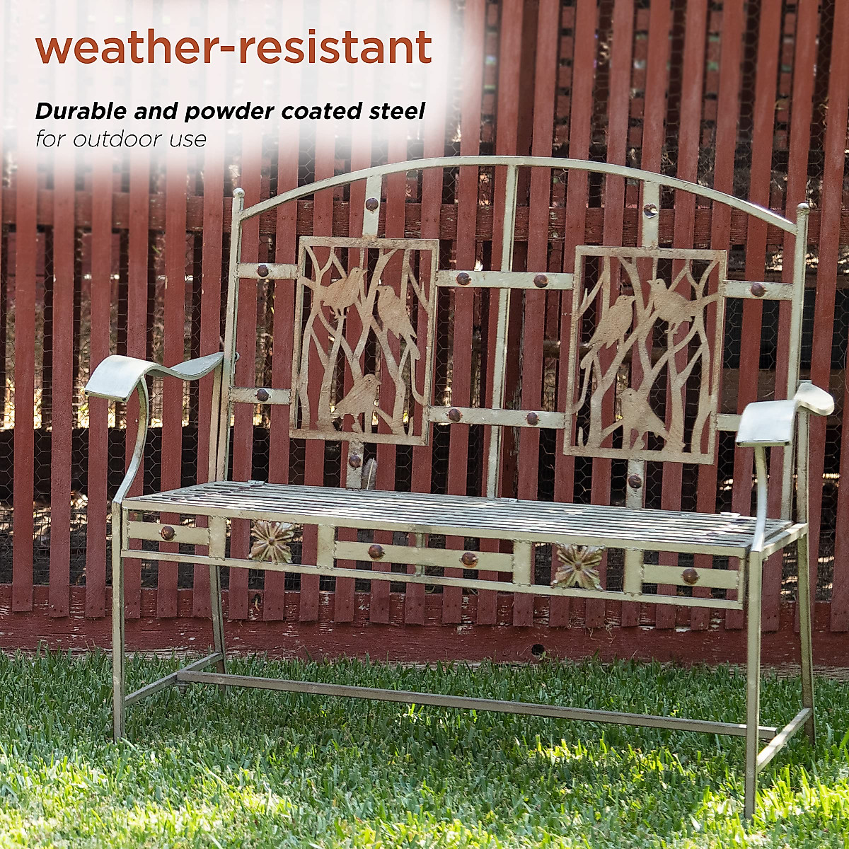 Alpine Corporation 45" x 22" Outdoor 2 Person Metal Garden Bench with Bird Design, White