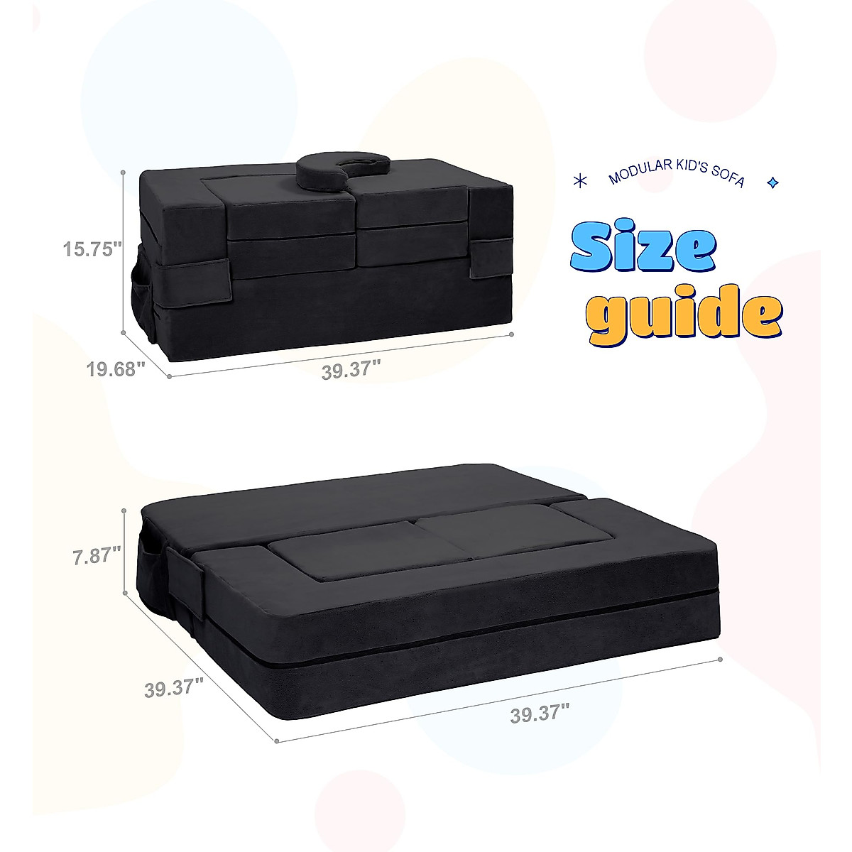 Elftopia Modular Kids Sofa,Toddler Couch Foam Armchair for Kids, Children Convertible Plush Sofa Play Set,Fold Out Sofa Bed(Black)