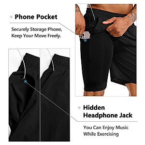 TENJOY Men's 2 in 1 Running Shorts 7" Quick Dry Gym Athletic Workout Shorts for Men with Phone Pockets Black