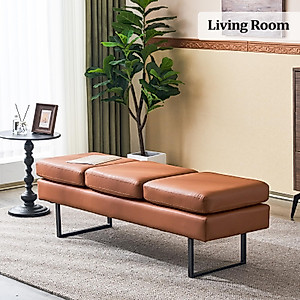 LEADZM Waiting Room Bench Seating, Salon Reception Chairs 3 Seats Upholstered, 59.5''Heavy Duty Guest Lobby Chairs, Faux Leather Settee, Office Beauty Barbershop Furniture, Cognac