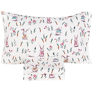 Scientific Sleep Cute Bunny Like Flower & Baby Carrot 100% Cotton Cozy 3 Pcs Twin Bed Sheet Set, Flat Sheet & Fitted Sheet & Pillowcase Natural Bedding Set (Rabbit, Twin)