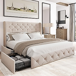 BRELTAM Queen Size Bed Frame with Storage Drawers and Wingback Headboard, Linen Upholstered Platform Bed Frame Tufted Beds with Wood Slats, No Box Spring Needed, Beige