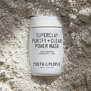 Youth To The People Superclay Purify + Clear Power Mask, Full Size (2 fl oz), Pore Clearing Clay Mask, Absorbs Excess Oil, Exfoliating Salicylic Acid, 2% Niacinamide, Kombucha Black Tea, Vegan