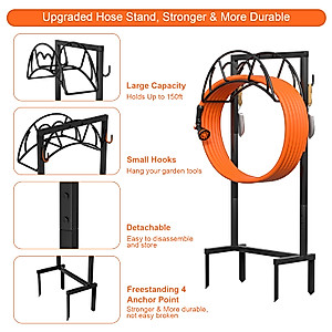VyGrow Garden Hose Holder, Freestanding Heavy Duty Water Hose Holder for Outside, Upgraded Metal Hose Stand with 4 Spikes, Detachable Garden Hose Storage Hose Reel Rack, Black