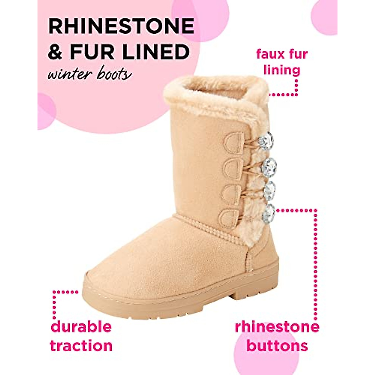 bebe Girl's Fur Lined Winter Boot with Rhinestone Details (Toddler/Little Girl/Big Girl), Size 2 Little Kid, Tan