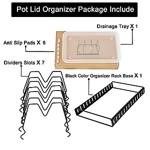 Pot Organizer Rack for Under Cabinet, Kitchen Pot and Pan Organizer Rack Holder with 1 Drip Pan & 7 Dividers Adjustable Pot Lid Organizer for Cabinet, Bakeware, Cookie Sheet and Cutting Board (Black)