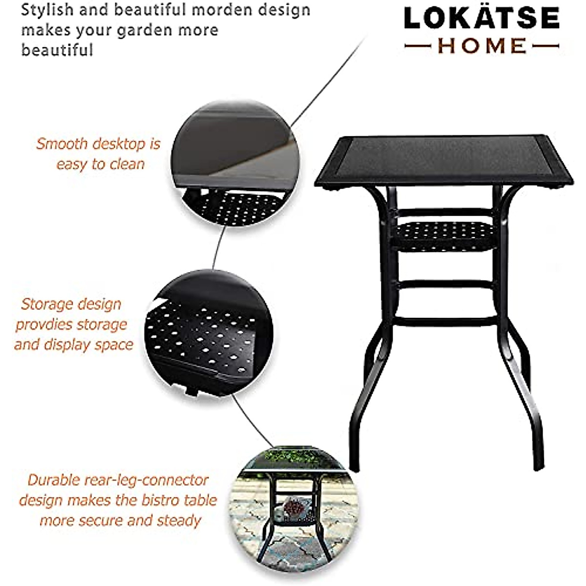 LOKATSE HOME High Outdoor Patio Bar Height Glass Top Table, Black