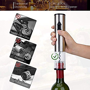CIRCLE JOY Electric Wine Bottle Openers Set - Battery Powered Motorized Operated Cordless Automatic Corkscrew Opener Puller Kit with Attached Foil Cutter Stopper Wine Aerator Pourer, Stainless Steel