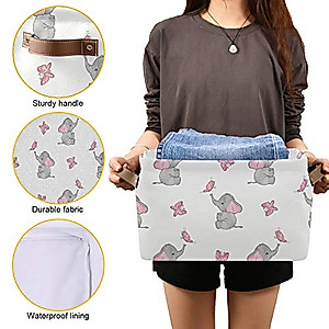 AGONA Large Foldable Storage Bin Cute Elephants Pink Butterflies Storage Bins Collapsible Decorative Fabric Storage Baskets with Leather Handles for Home Closet Bedroom Organizer Nursery 1 Pack