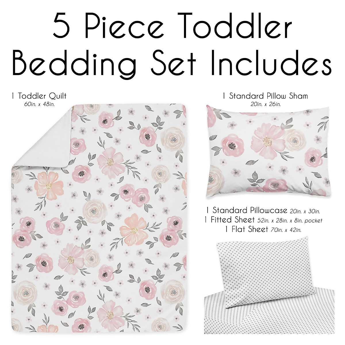 Sweet Jojo Designs Blush Pink, Grey and White Shabby Chic Watercolor Floral Girl Toddler Kid Childrens Bedding Set 5 Pieces Comforter, Sham and Sheets - Rose Flower Polka Dot