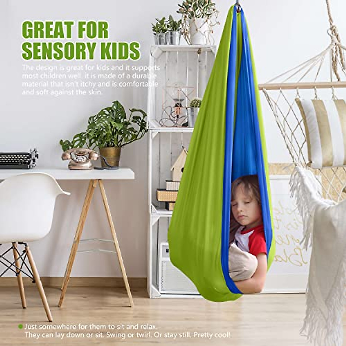 Sensory Swing for Kids Indoor and Outdoor, Therapy Swing for Kids and Adults, Double Layer Reversible Blue and Grass Green Sensory Swing, Holds up to 300lbs