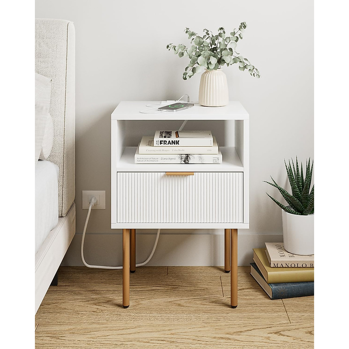 Aobafuir Nightstand with Charging Station, Drawer Dresser for Bedroom, Small Side Table with Drawer, Night Stand, End Table with Gold Frame for Bedroom, Living Room, Stripe White