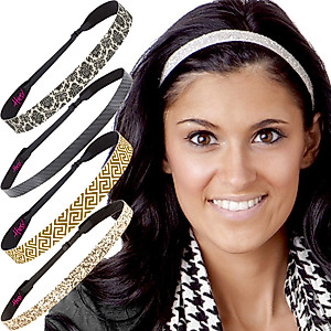 Hipsy Women's Adjustable No Slip Bling Glitter & Greek Key Fashion Headband 5-pack (White & Gold Multi 5pk)